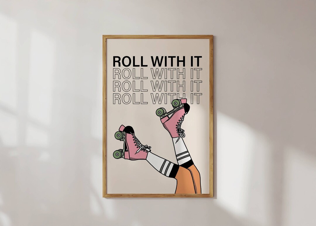 Rollerskates Poster Retro Wall Print, Roll With It Quote, Gift for ...