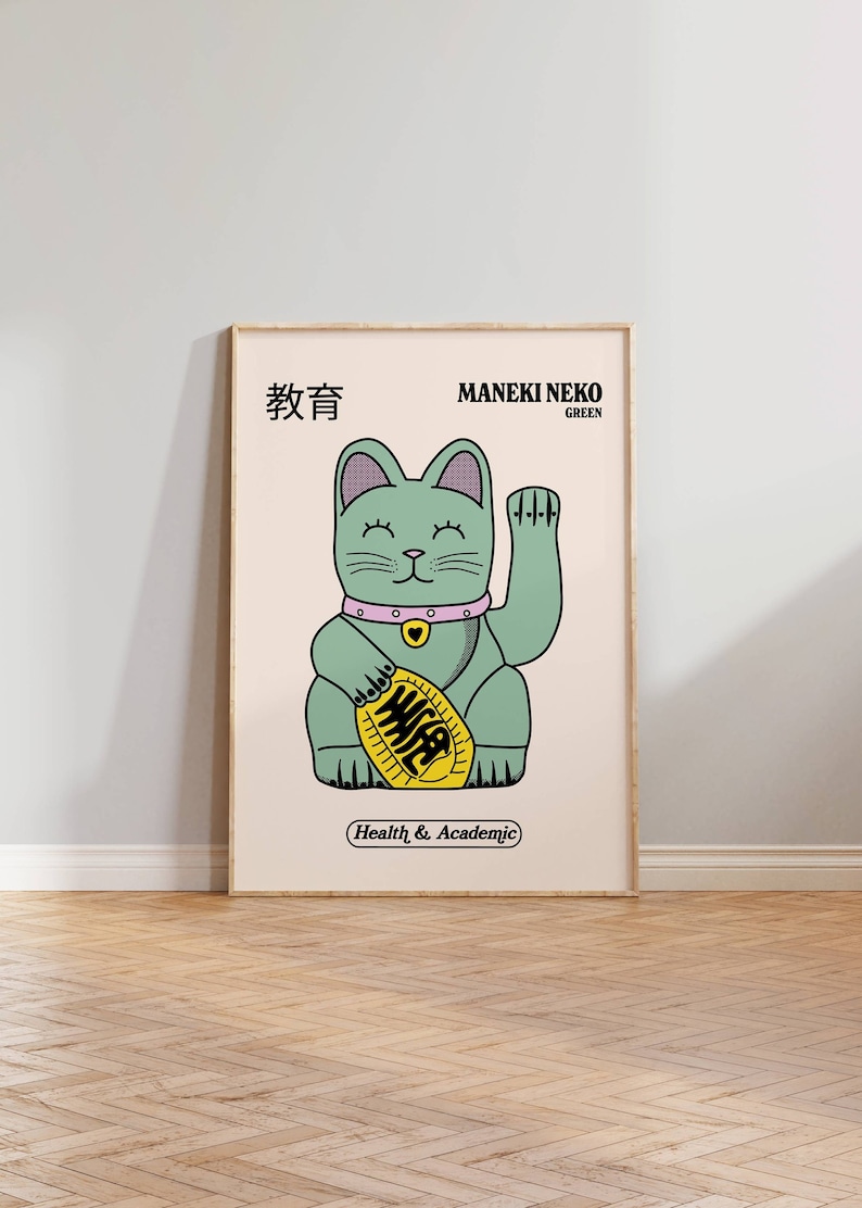Japanese Lucky Cat Sage Green Wall Art Gift for Cat Lover - Etsy