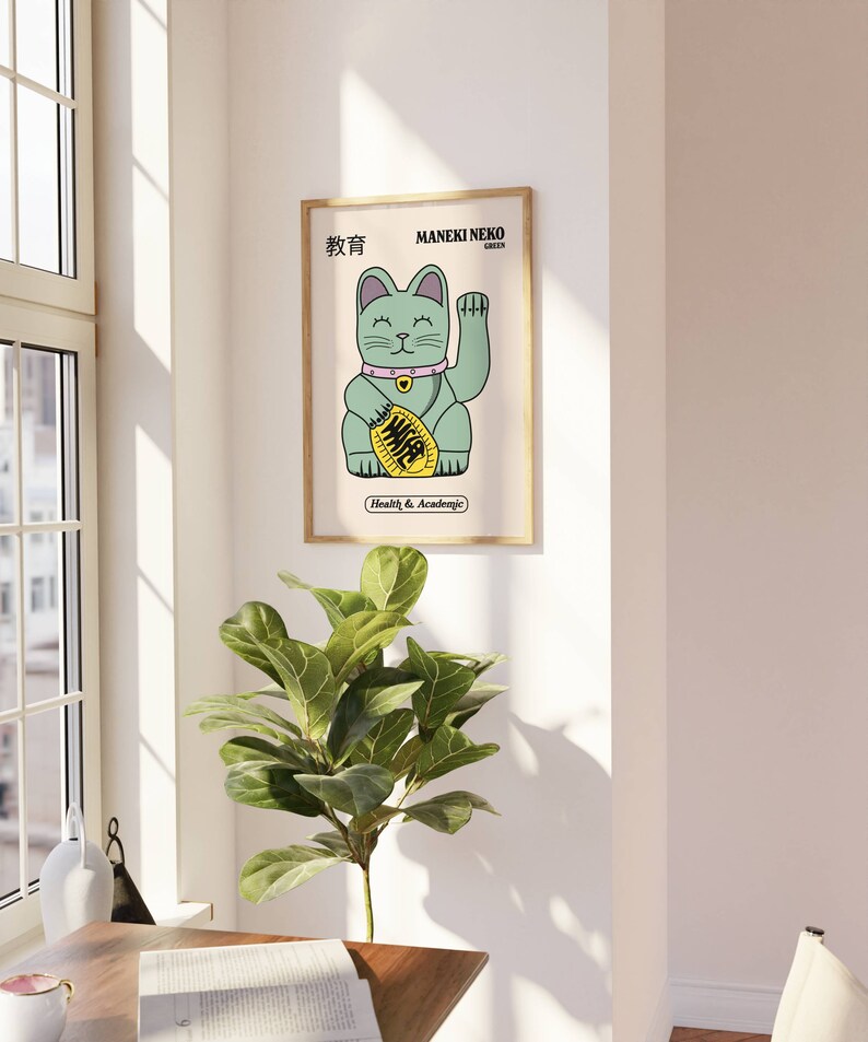 Japanese Lucky Cat Sage Green Wall Art, Gift for Cat Lover, Chinese ...