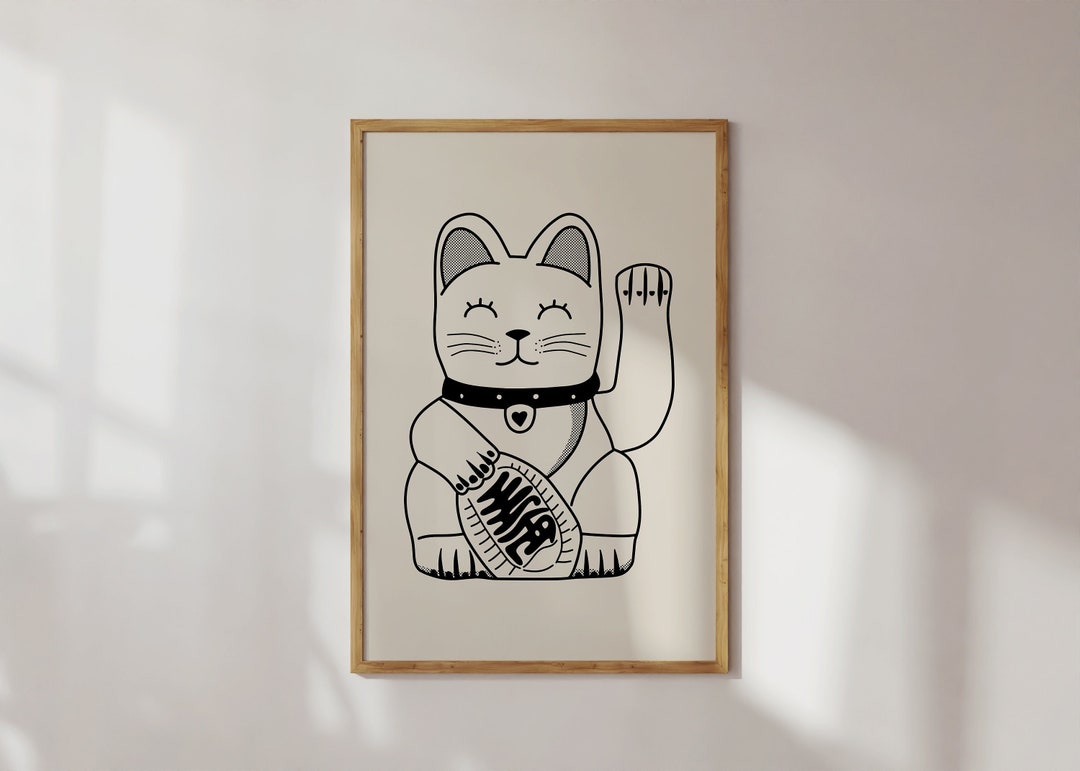 Japanese Lucky Cat Wall Art Print, Gift for Cat Lover, Chinese Good ...