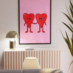 Retro Cute Heart Wall Print, Trendy Poster, Pink and Red Love Poster ...