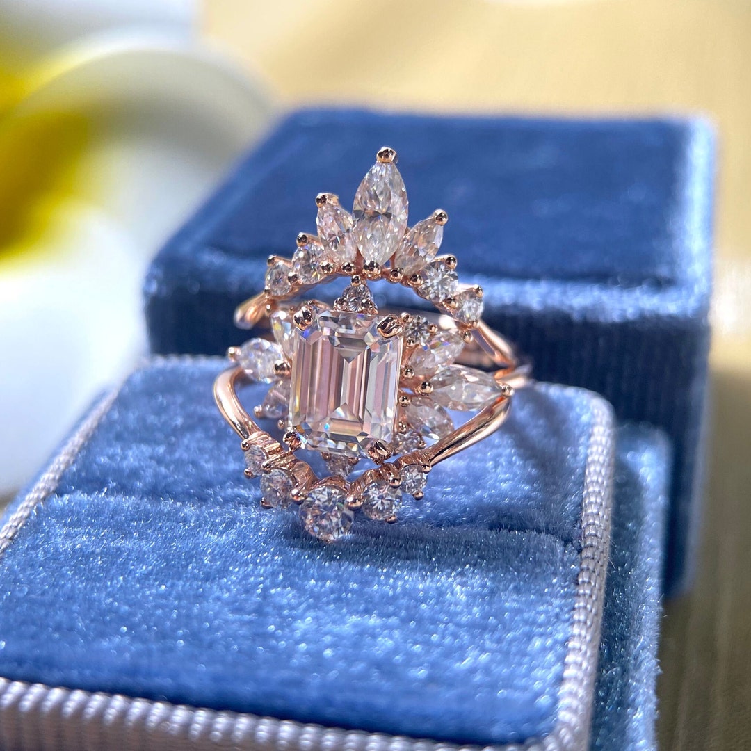2ct Emerald Cut Moissanite Engagement Ring Set 14k Rose Gold Cluster 3
