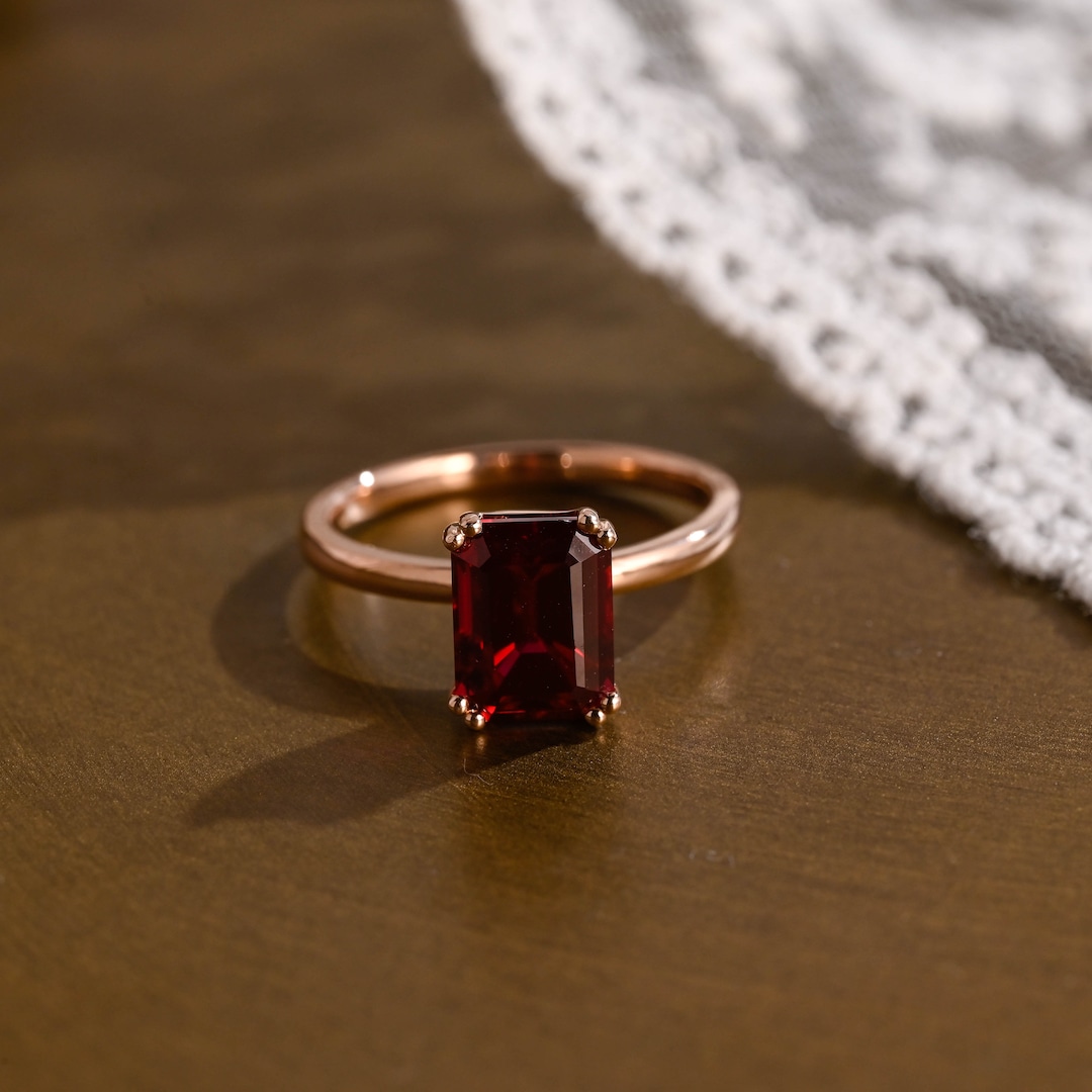 Red Emerald Cut Lab Grown Ruby Engagement Ring for Woman, Solid Gold ...