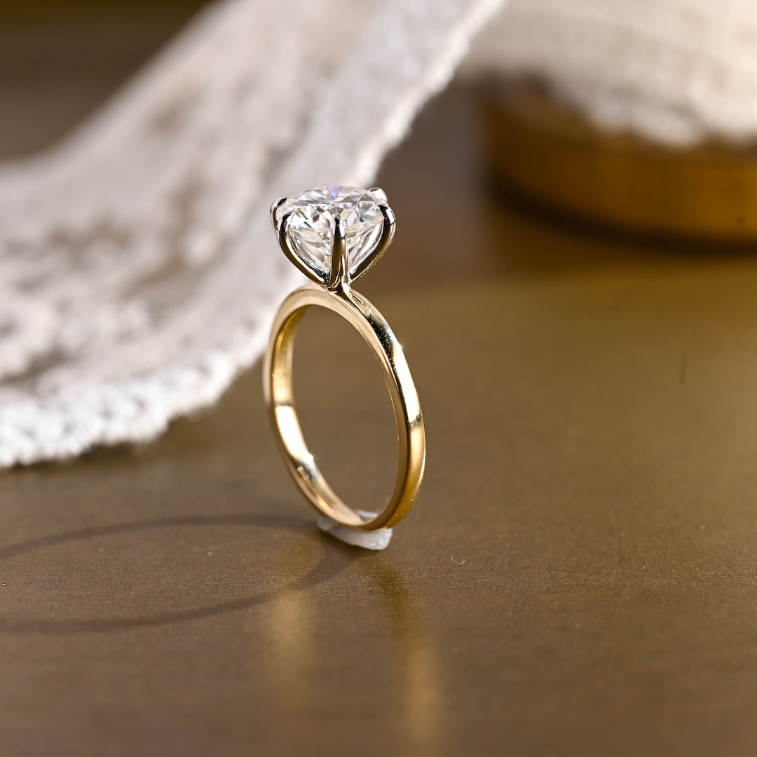 Bague de fiançailles moissanite ronde en or massif bicolore, bague de ...