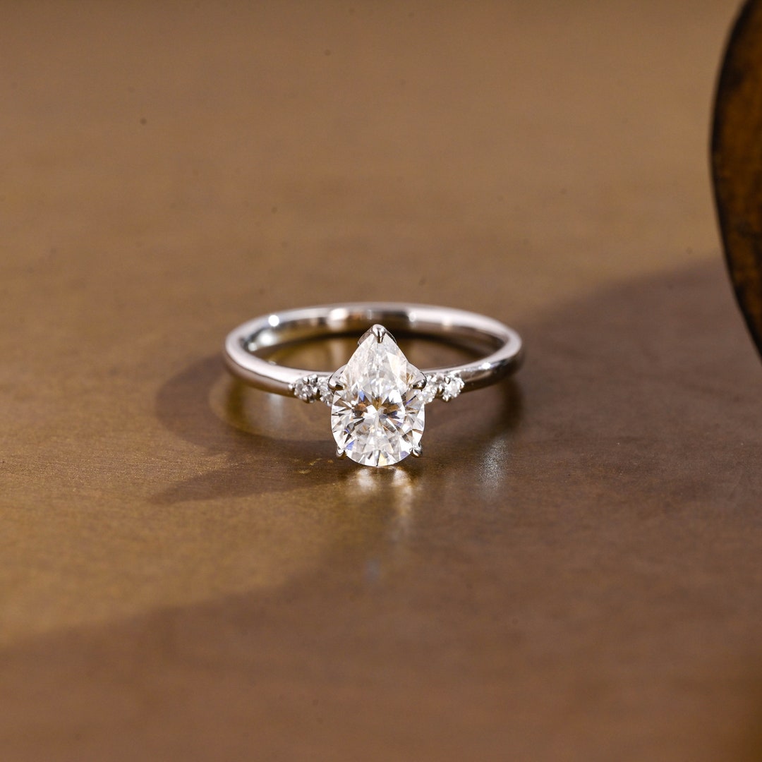 Tulip Set Pear Cut Moissanite Engagement Ring, Solid Gold Tear Drop ...