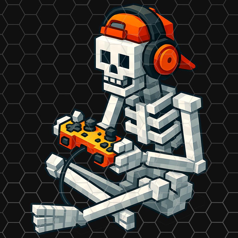 Pixel Skeleton Gamer PNG, Halloween Gaming Shirt Design (digital ...