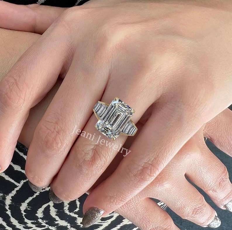 Emerald Cut Moissanite Engagement Ring 14k White Gold Luxury Celebrity ...