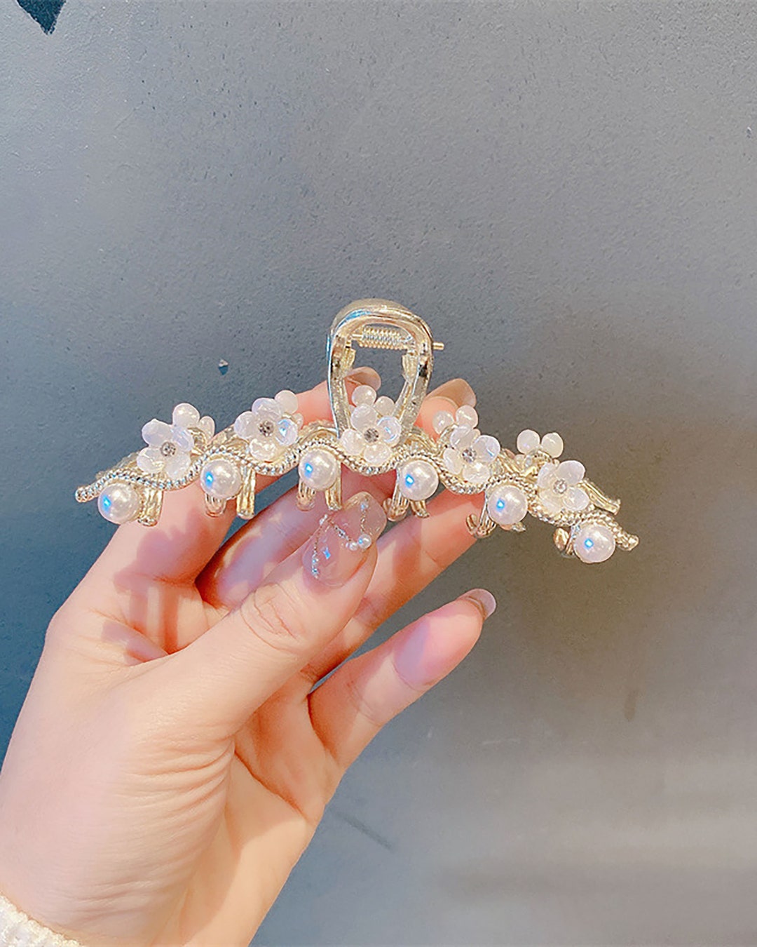 Large Hairpin Beautiful Orchid Hair Claw Big Pearl Golden Wave - Etsy