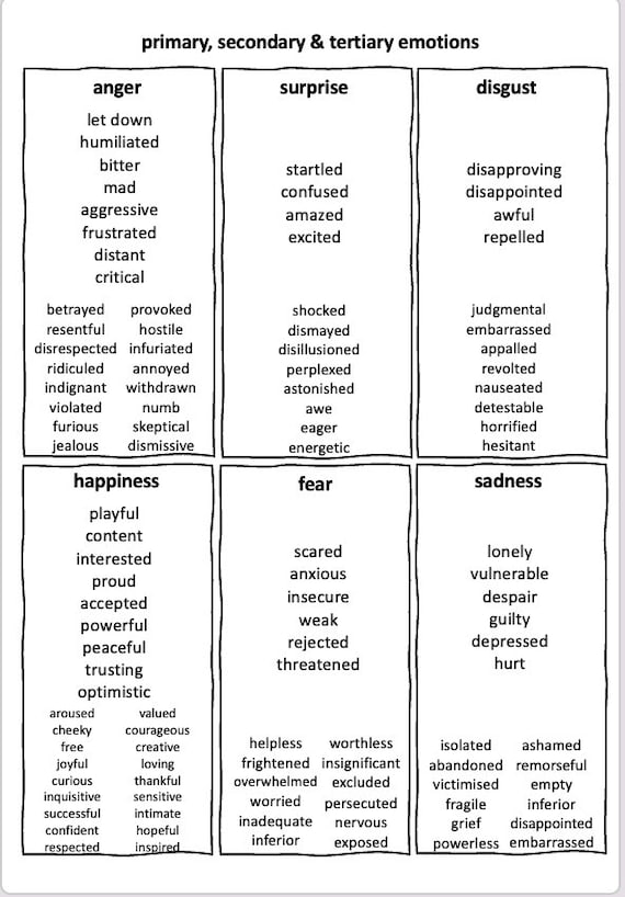 Primary And Secondary Emotions List Plutchik's Wheel Of Emotions:
