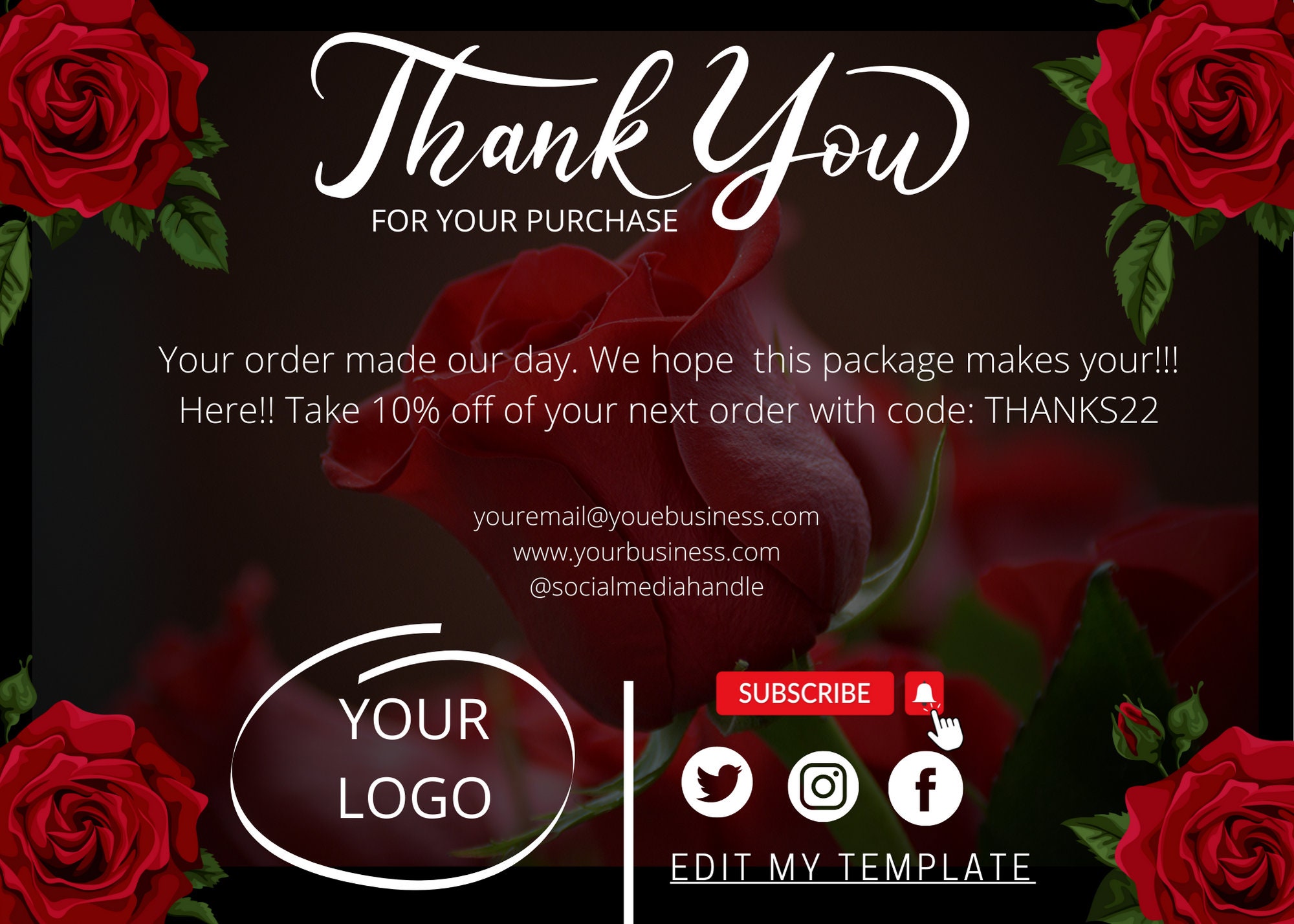 Editable Red Roses Thank You Card - Red Roses Rewards Card - Thank You ...