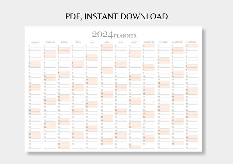 2024 Year Planner on One Page, Landscape Wall Calendar, PDF, A2, A3, A4 ...