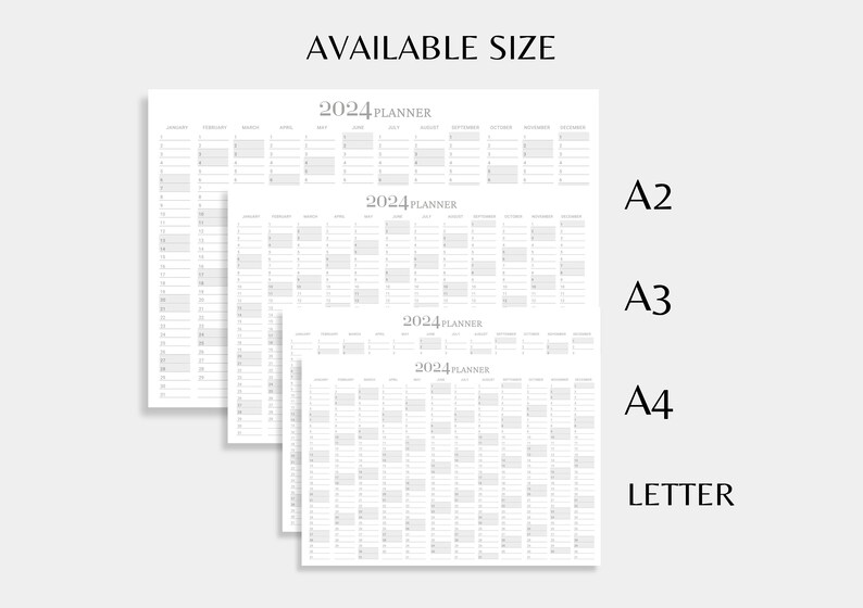 2024 Year Planner on One Page, Landscape Wall Calendar, PDF, A2, A3, A4 ...
