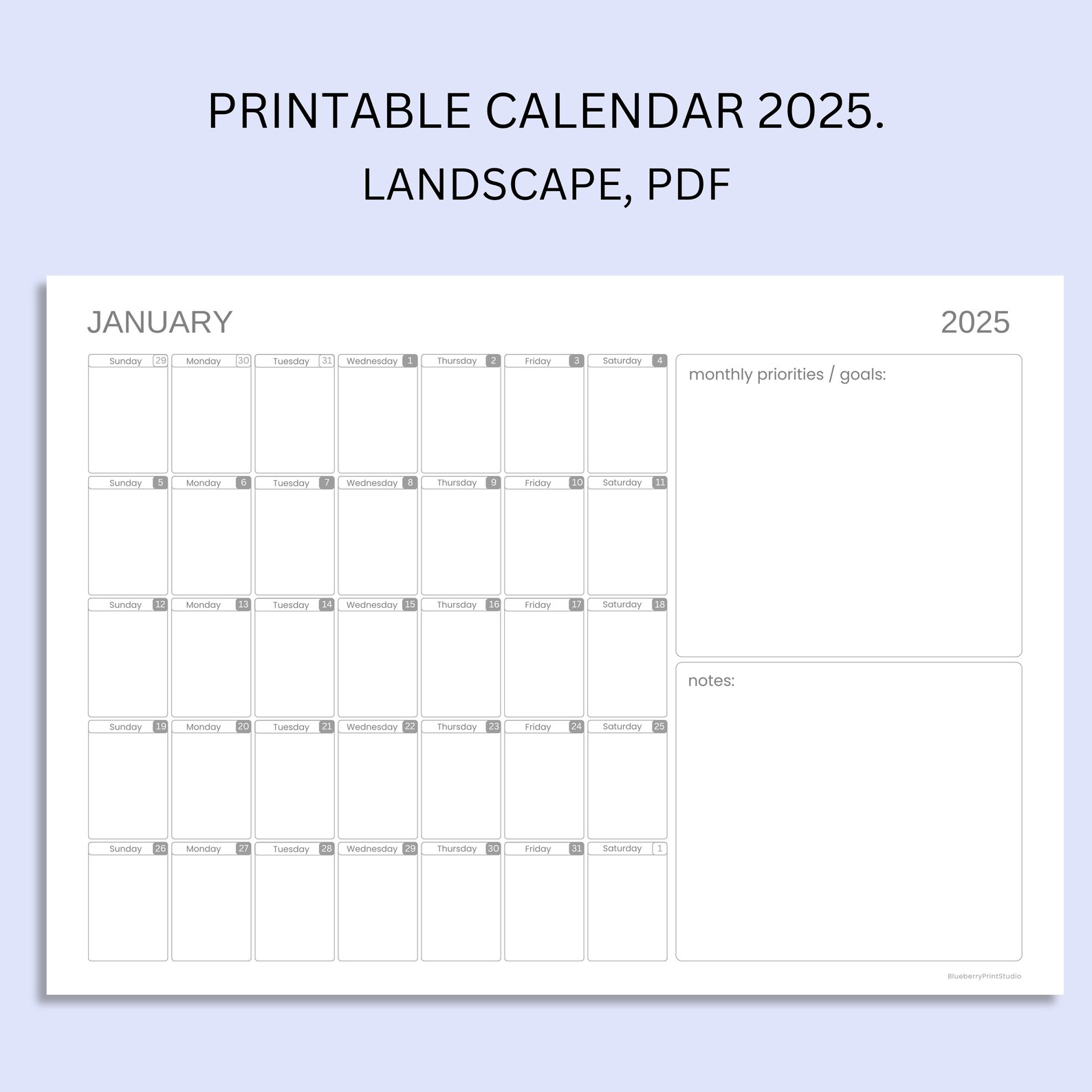 2025 Calendar Planner Printable Landscape Productivity Planner Simple ...