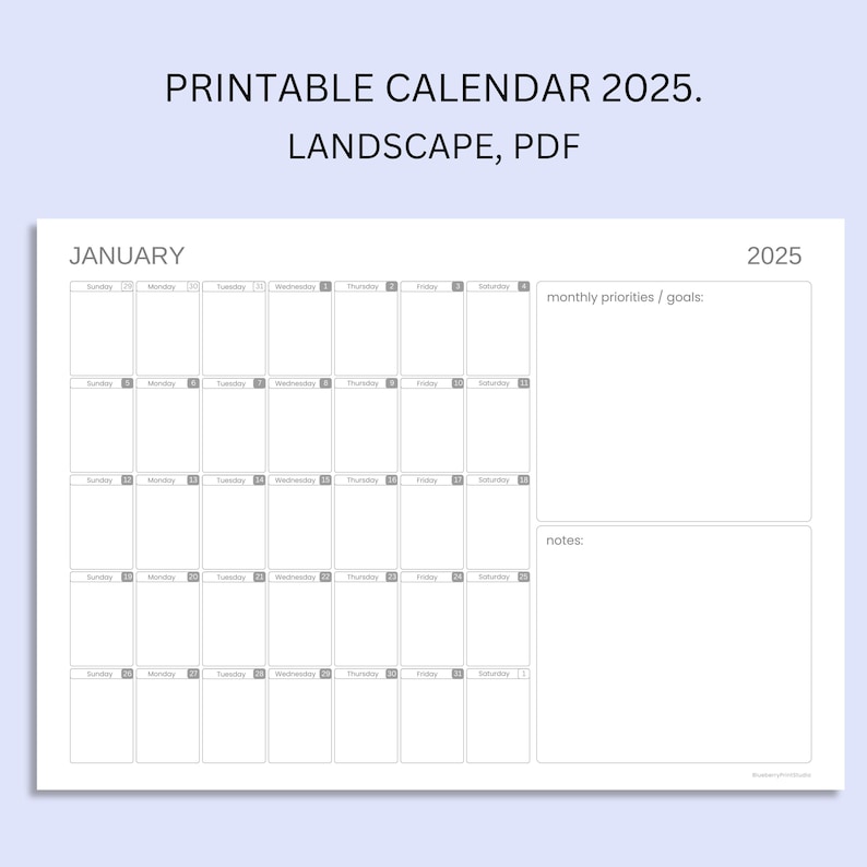 2025 Calendar Planner Printable Landscape Productivity Planner Simple ...