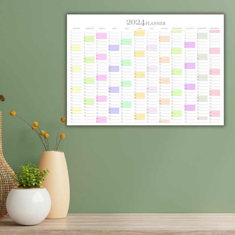 2024 Year Planner on One Page, Landscape Wall Calendar, PDF, A2, A3, A4 ...