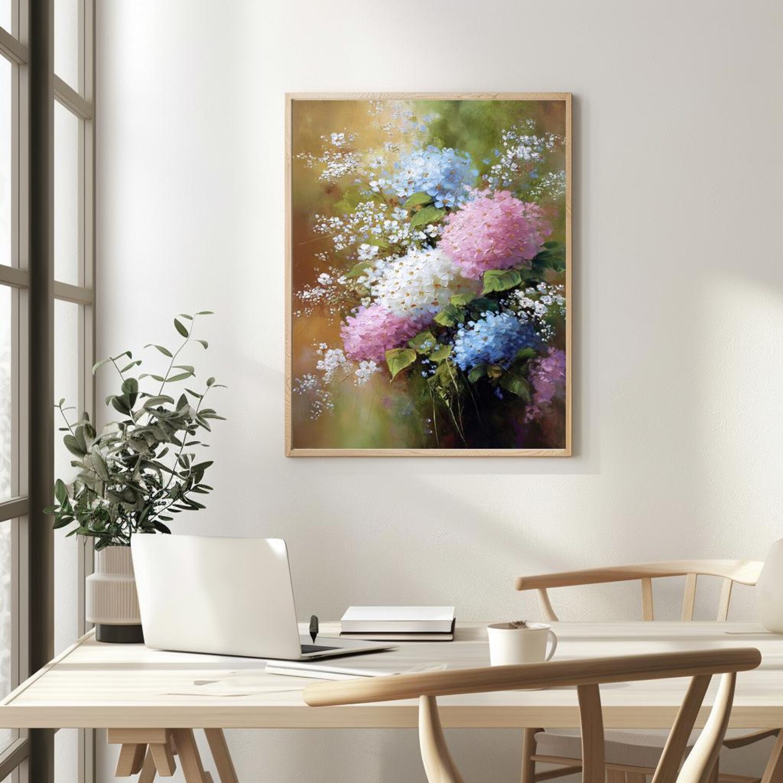 Impressão artística de buquê de hortênsias | Decoração de parede floral ...