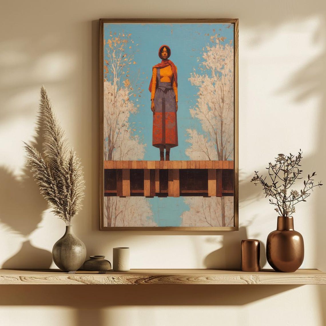 Mulher moderna em pé em uma ponte - Arte de parede abstrata para ...