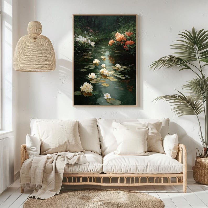 Arte serena de lagoa de lírios | Decoração de parede floral moderna ...