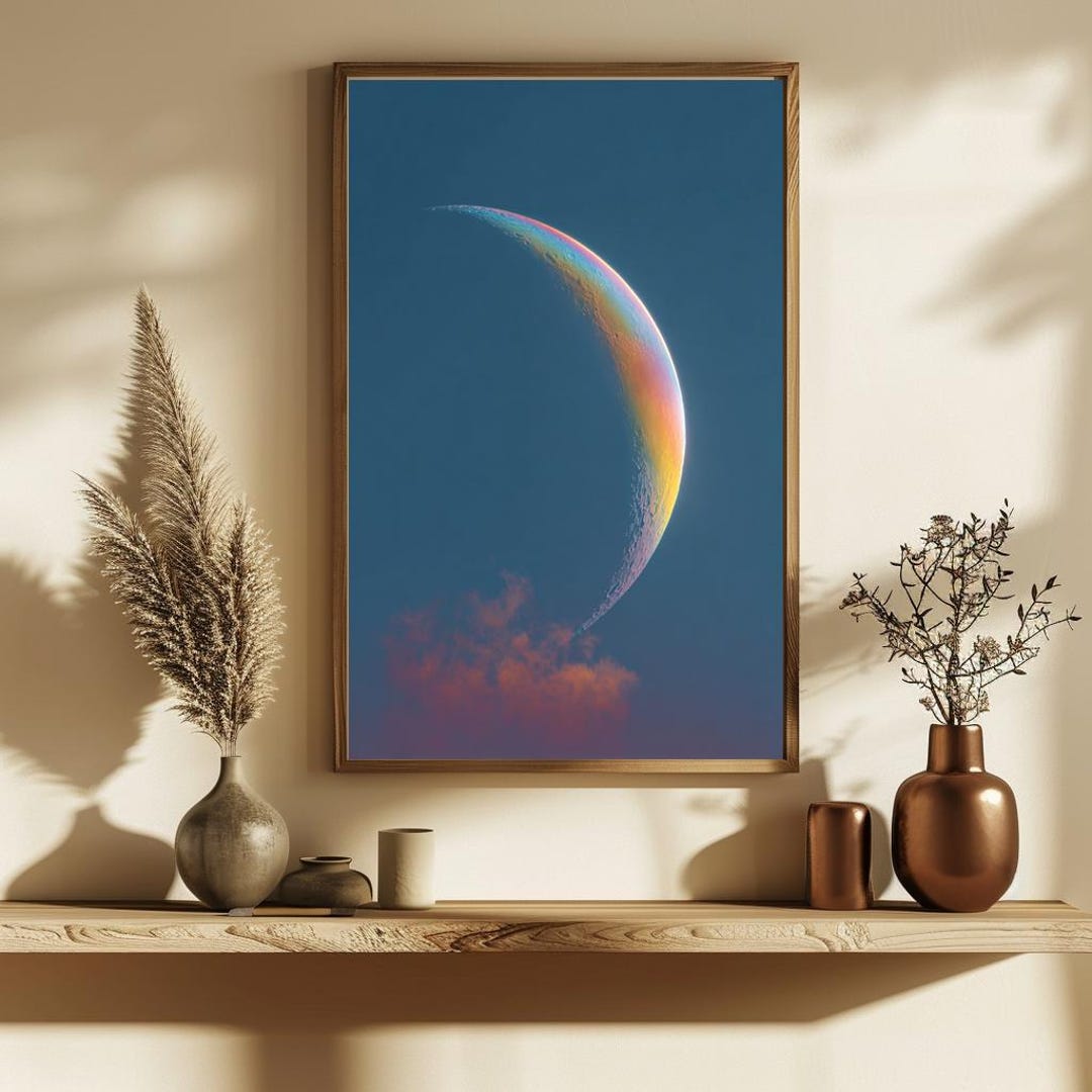 Ethereal Rainbow Crescent Moon Art Print - Modern Celestial Wall Decor ...