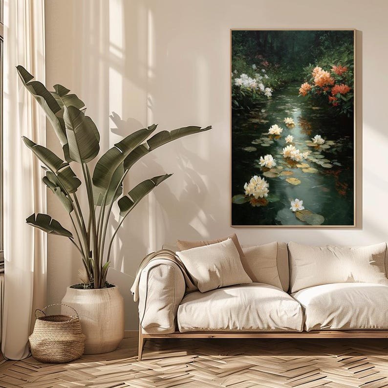 Arte serena de lagoa de lírios | Decoração de parede floral moderna ...