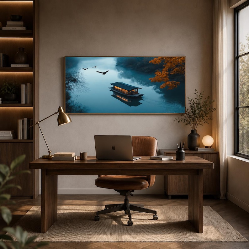 Asian River Boat Canvas Wall Art | Bedroom Wall Art, Deep Blue Amber ...