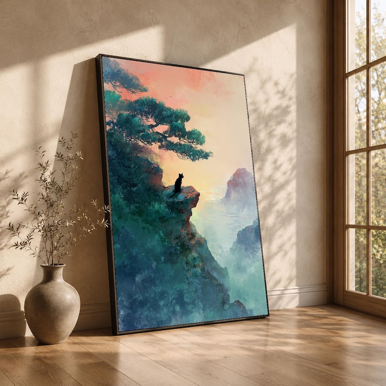 Cat on Cliff Sunset Canvas Wall Art, Tranquil Living Room Nature Decor ...