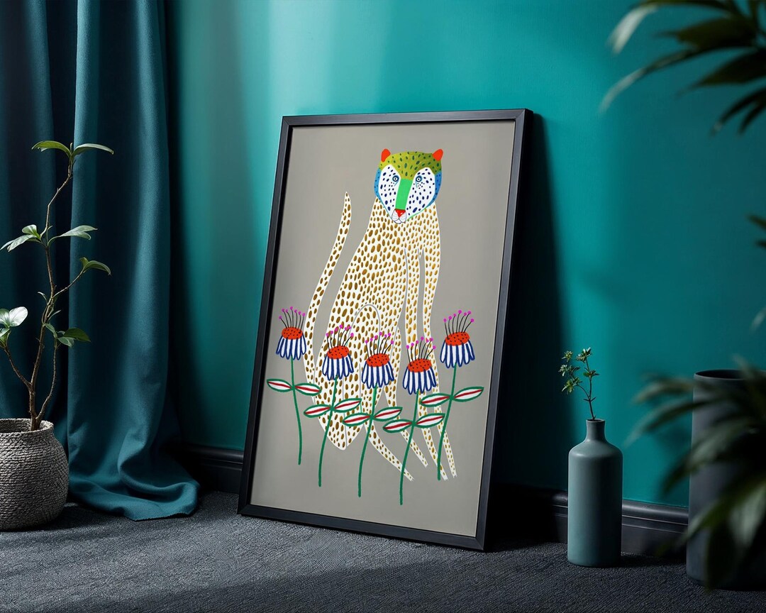 Impressão artística folclórica de leopardo, ilustração moderna de ...