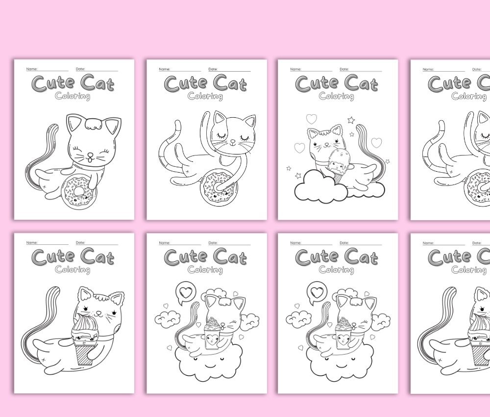 Cute Cat Coloring Worksheet Set Bundle for Kids Printable kids Activity ...