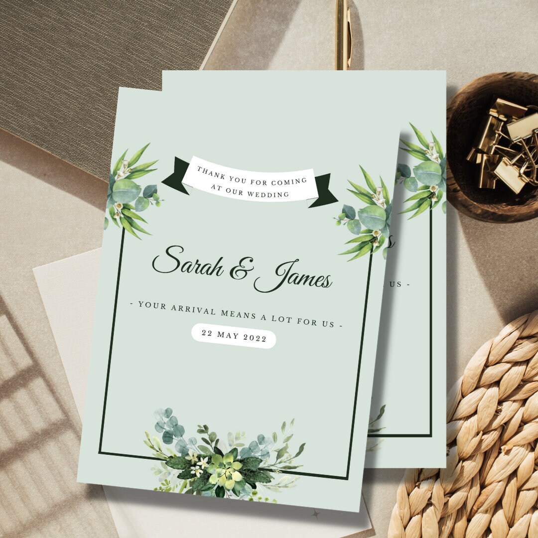 Minimal Marriage Invitation Template, White and Green Wedding Card ...