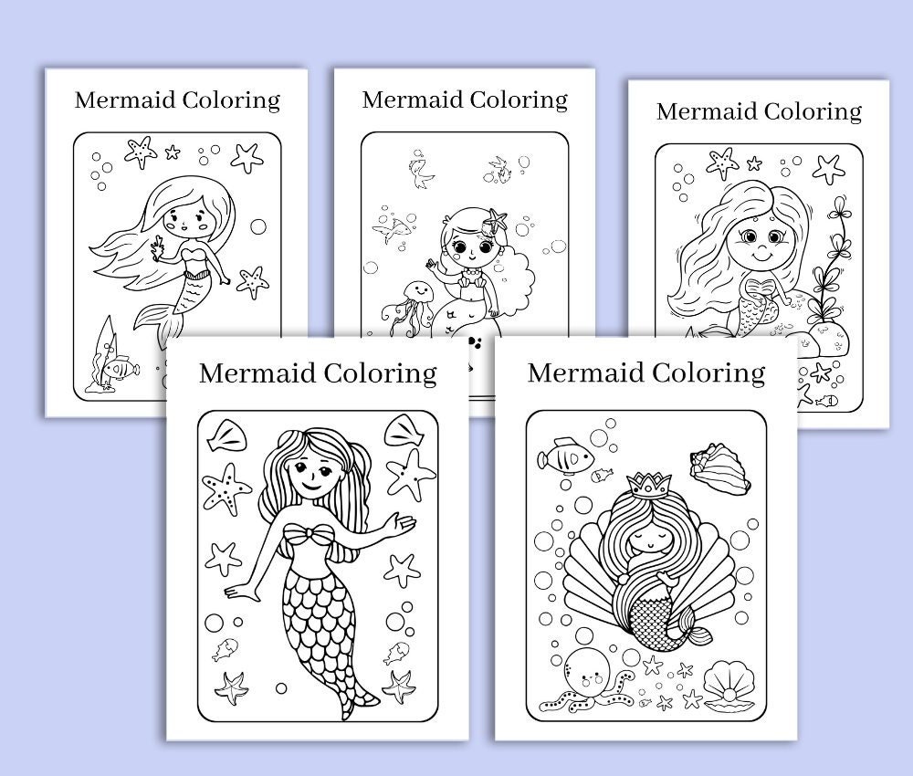Mermaid Coloring Worksheet Set Bundle for Kids Printable kids Activity ...