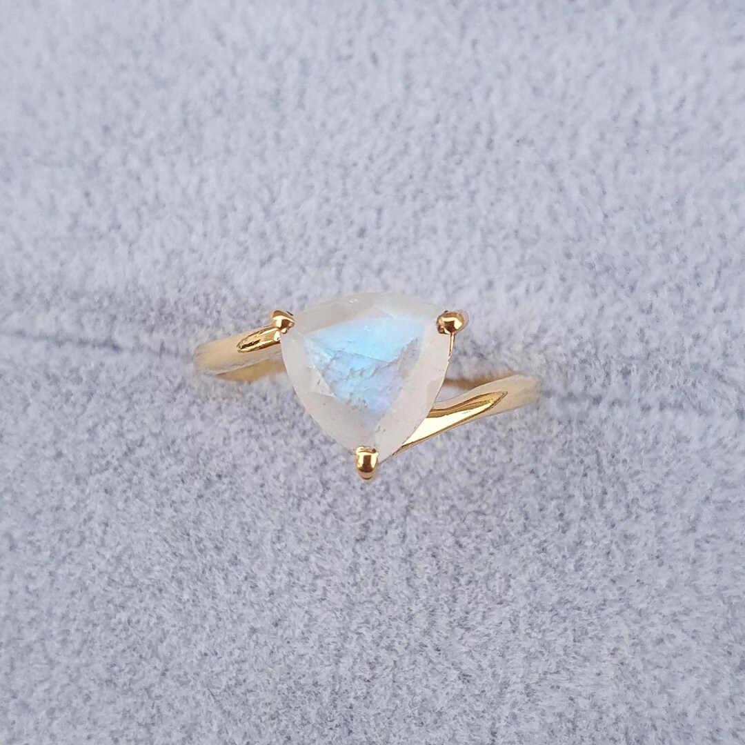 14K Gold Ring Set With Natural AAA Grade Rainbow Moonstone, Handmade 14K Solid Gold for Her ...