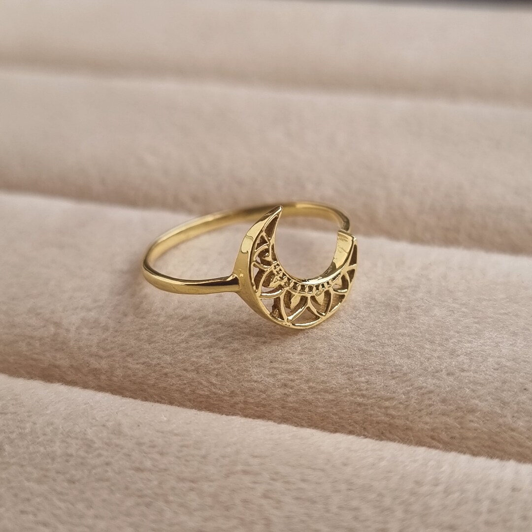 14k Solid Gold Crescent Moon Ring ,handmade Filigree , Moon Phase Ring ...