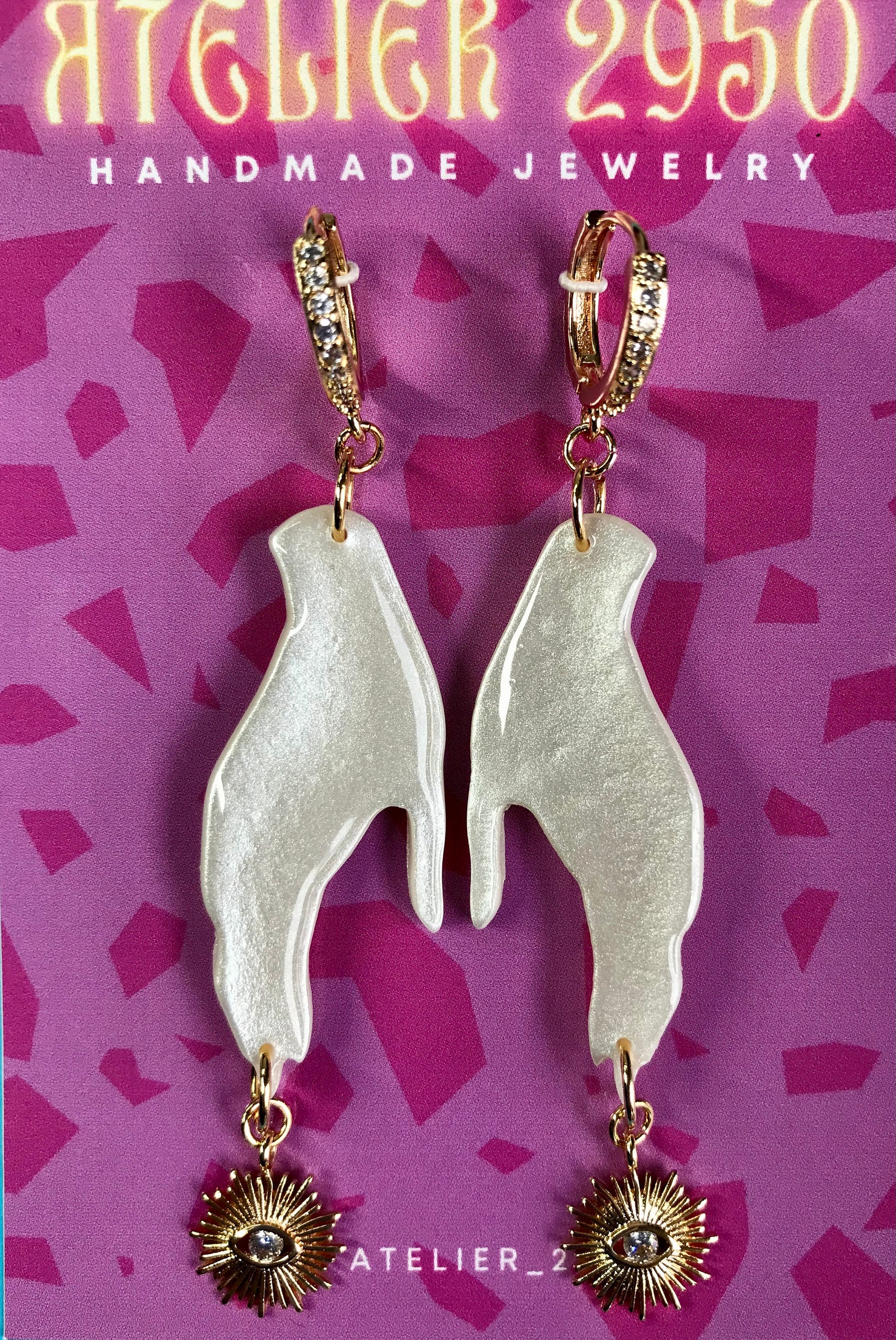 White Pearlescent Mystic Hands Statement Earrings With 18K Gold Plated ... White Pearlescent Mystic Hands Statement Earrings With 18K Gold Plated ...