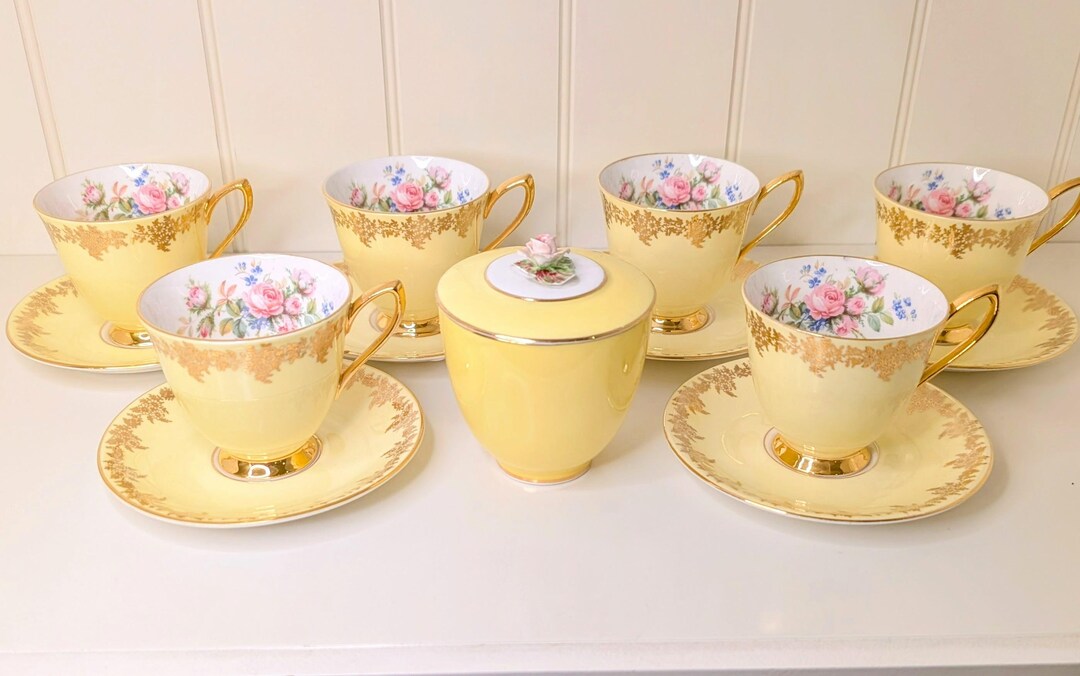 Rare Royal Albert Tea Set, Yellow & Gold Lace/trims, Set of 6 Tea Cups ...