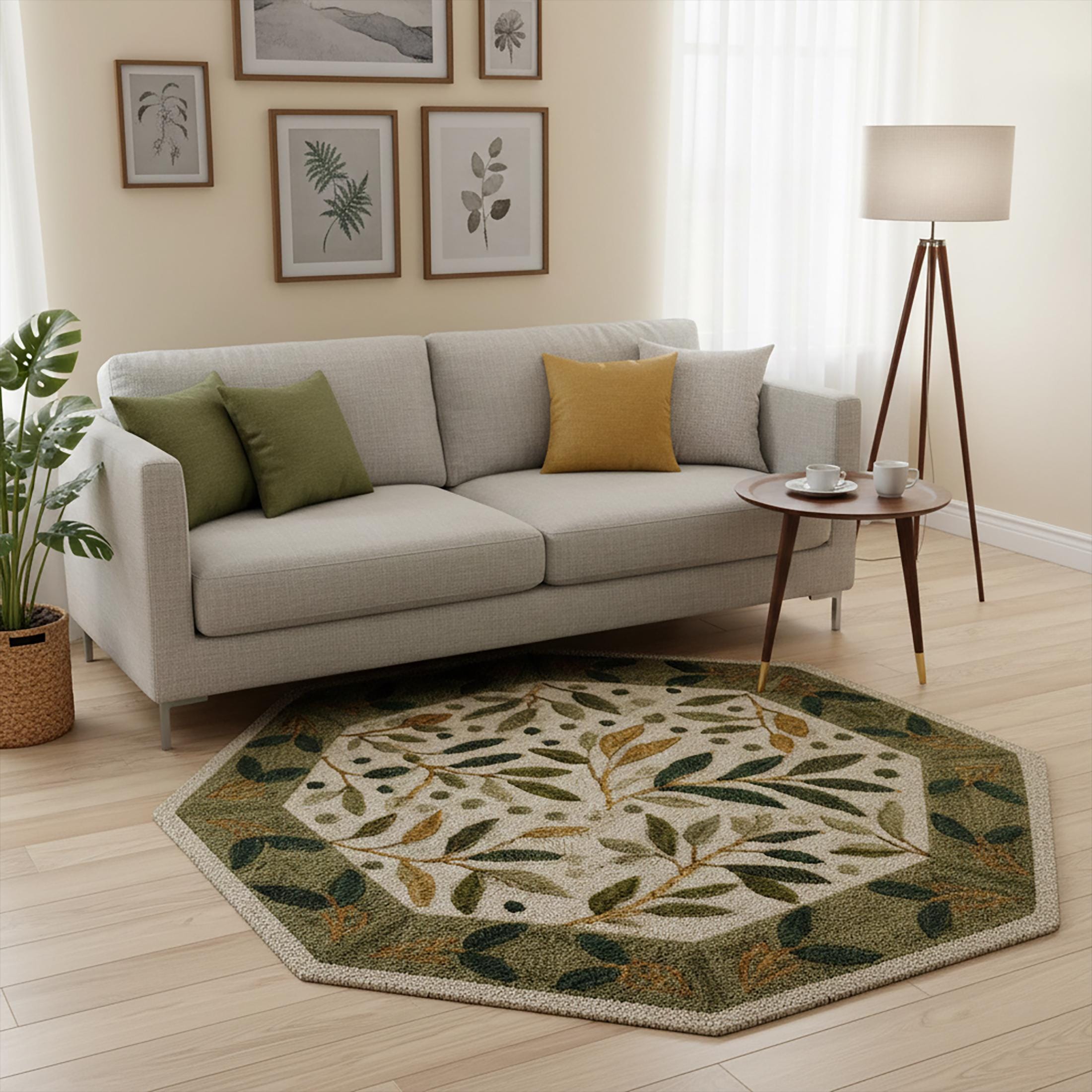 Hand Tufted Rug Octagon Shape - Artistic Nature Leaf Design - Olive ...