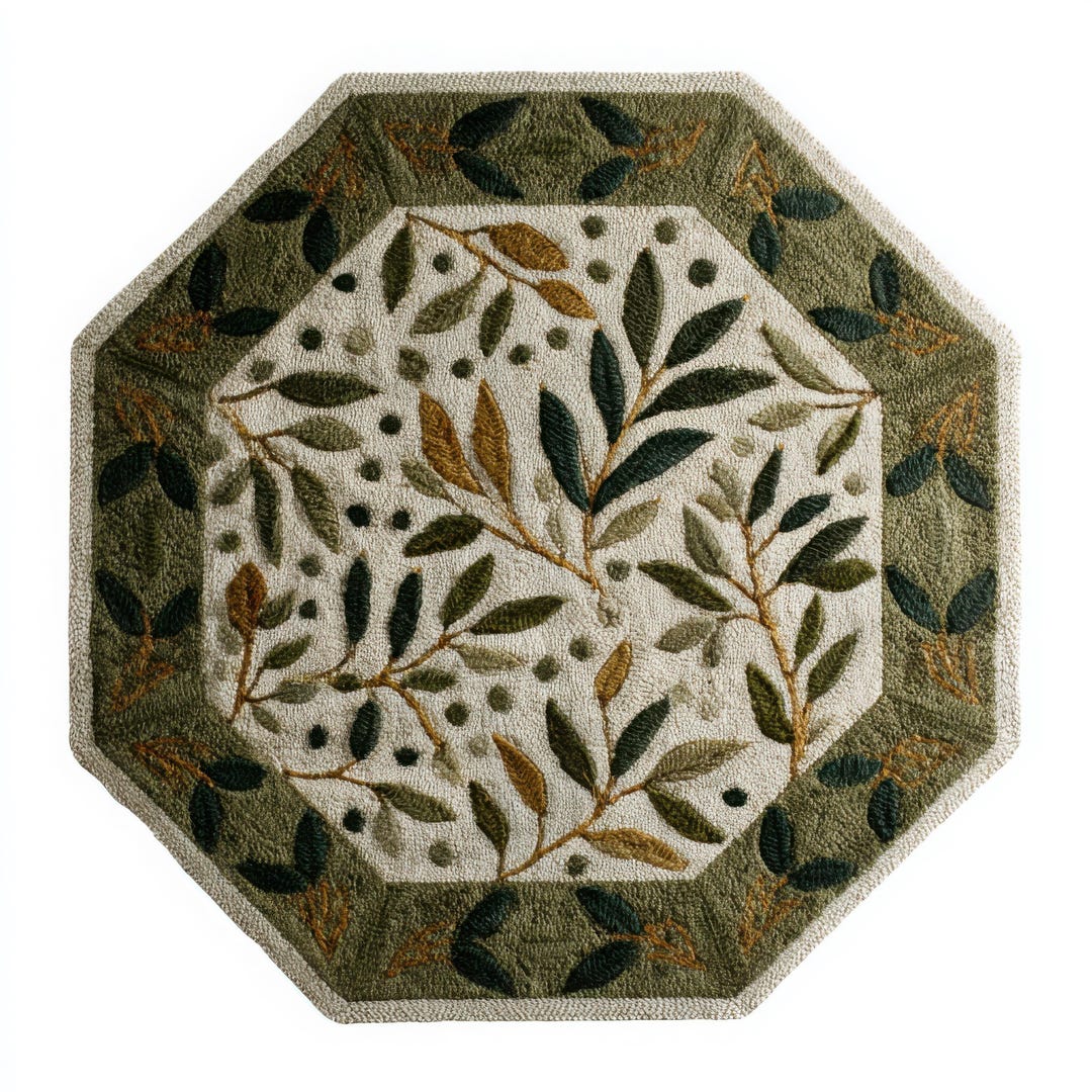 Hand Tufted Rug Octagon Shape - Artistic Nature Leaf Design - Olive ...