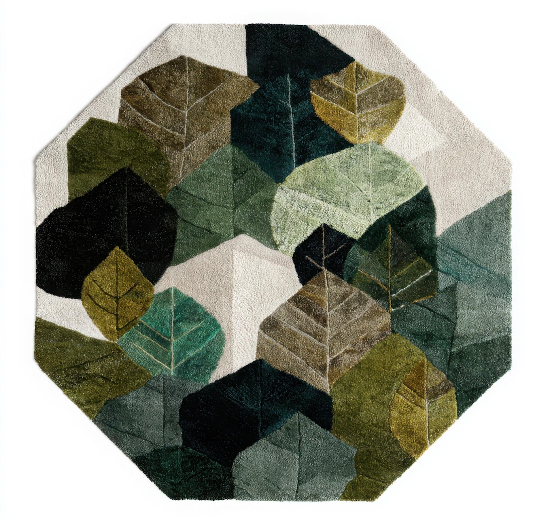 Hand Tufted Rug Octagon Shape - Artistic Nature Leaf Design - Olive ...