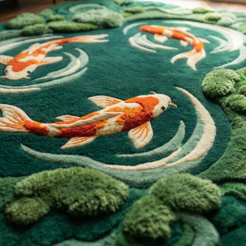 Moss Forest Green Koi Pond Rug, Irregular Tufted Orange Fish Wool Rug ...