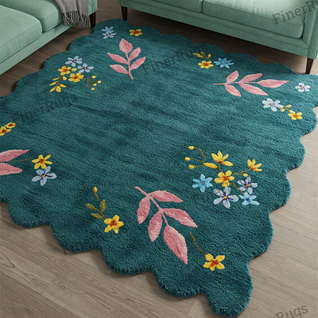 Teal Scalloped Edge Colorful Floral Hand Tufted Wool Area Rug for ...