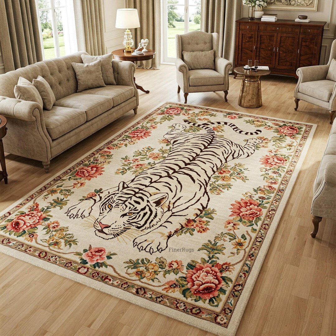 Off White Bengal Tiger Hand Tufted Soft Pink Green Floral Wool Rug for ...