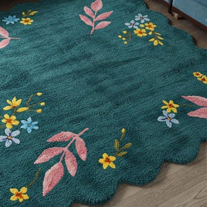 Teal Scalloped Edge Colorful Floral Hand Tufted Wool Area Rug for ...