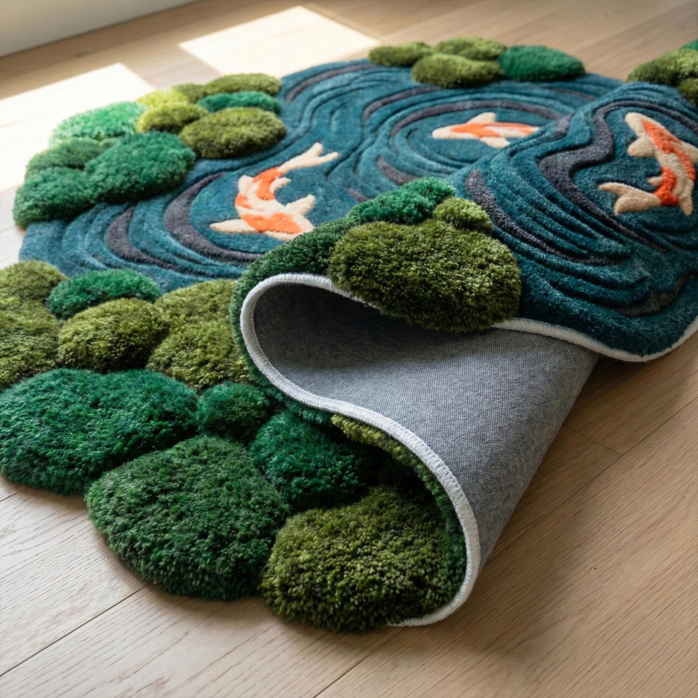 Moss Blue Koi Fish Wool Rug, 3D Pond Irregular Hand Tufted Nursery Area ...