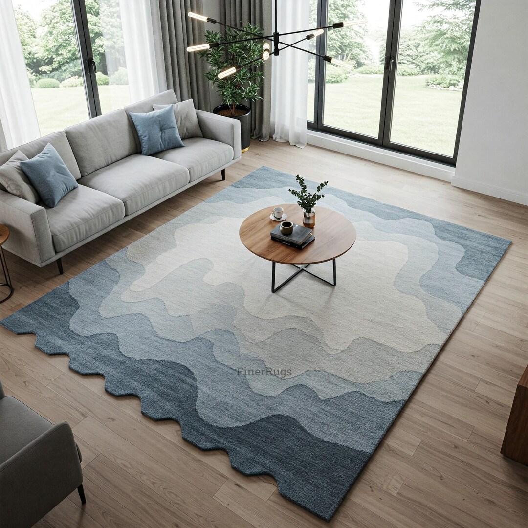 Modern Blue Gray Gradient Color Hand Tufted Wavy Line Design Wool Rug ...