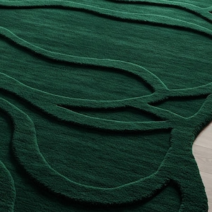 Deep Emerald Green Irregular Shape Hand Tufted Abstract Wool Rug for ...