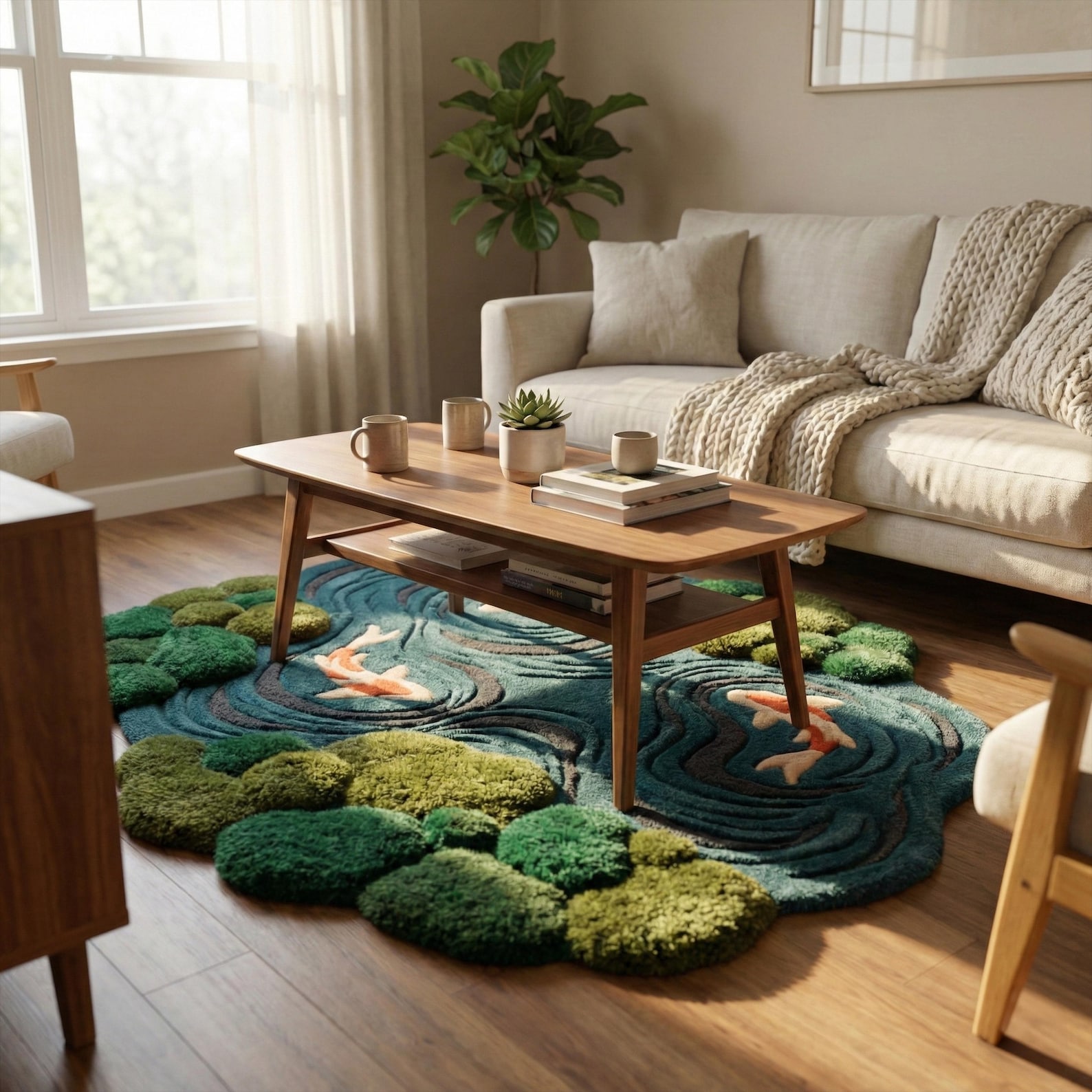Moss Blue Koi Fish Pond Wool Rug, 3D Irregular Hand Tufted Custom Area ...