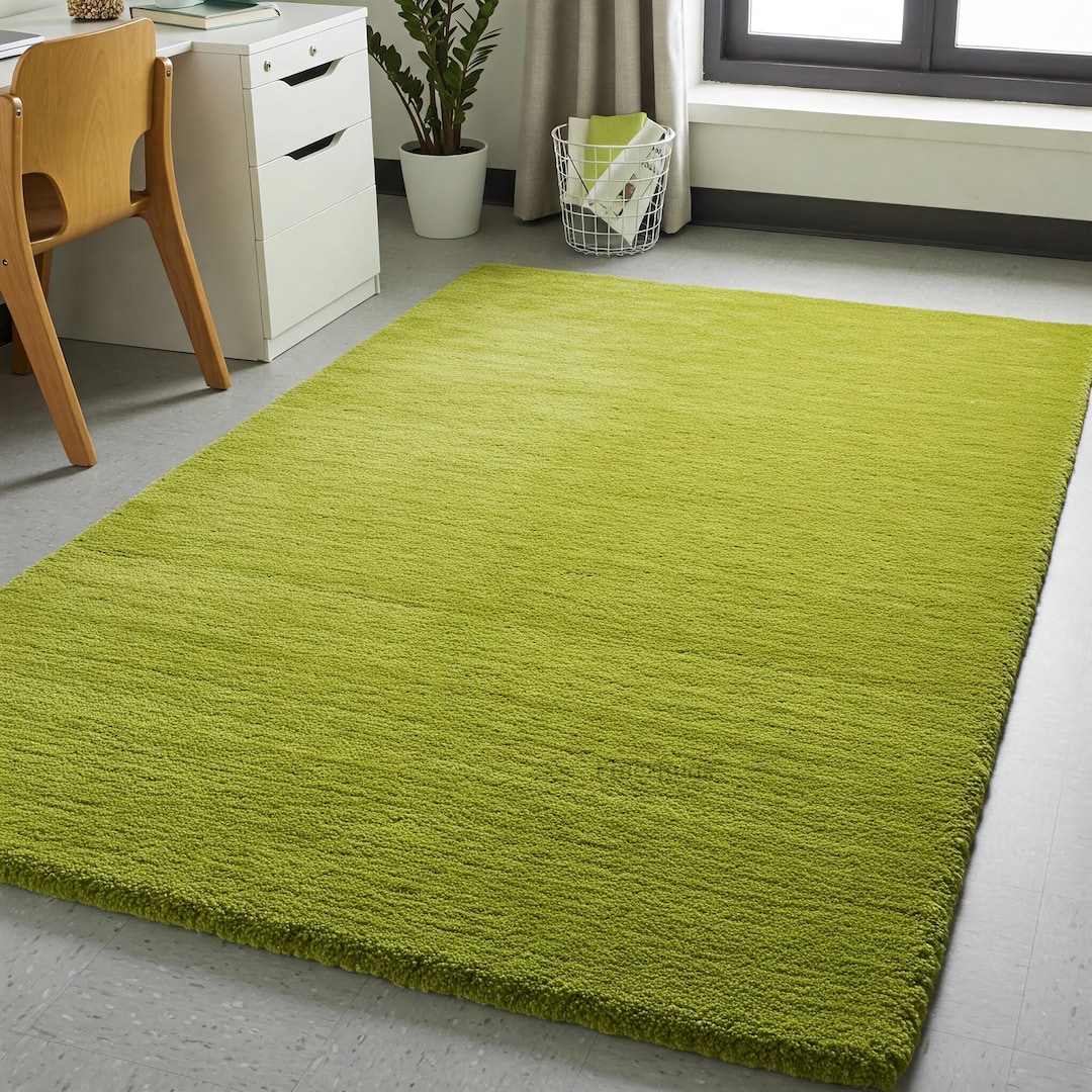 Hand Tufted Lemon Grass Green Solid Custom Wool Rug for Bedroom, Modern Rectangle Shape 6x9 ...