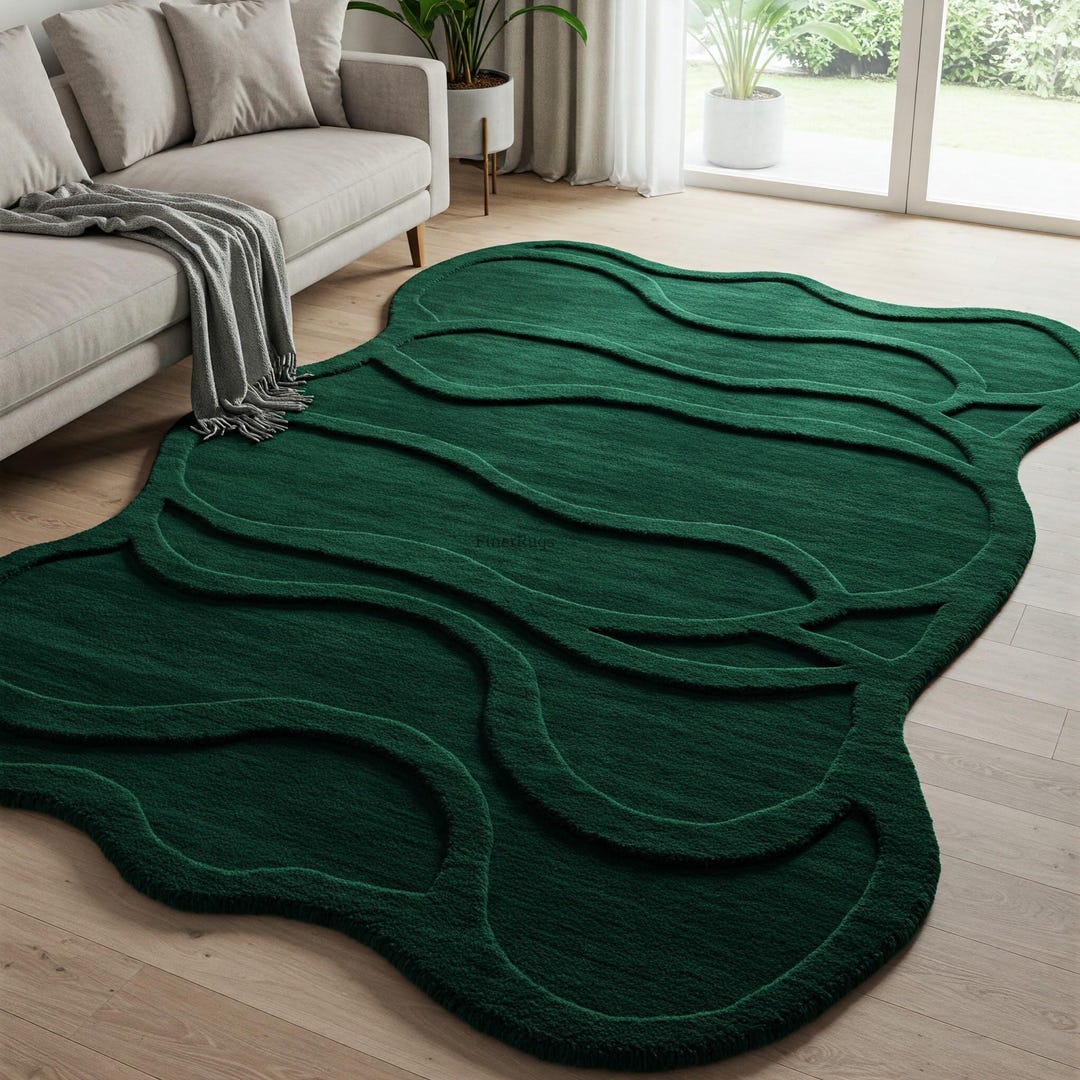 Deep Emerald Green Irregular Shape Hand Tufted Abstract Wool Rug for ...