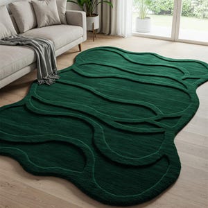 Deep Emerald Green Irregular Shape Hand Tufted Abstract Wool Rug for ...