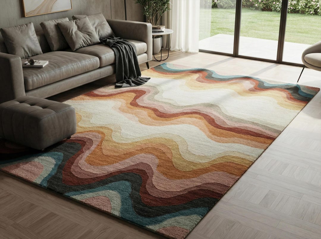 Earth Tone Abstract Wavy Wool Rug, Hand Tufted Modern Area Rugs for ...