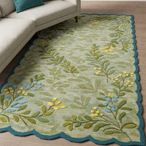 Muted Green Teal Blue Scalloped Hand Tufted Modern Floral Wool Area Rug ...